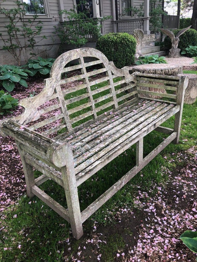 Pair of English Lichen-Encrusted Lutyens-Style Benches in Teak at 1stDibs