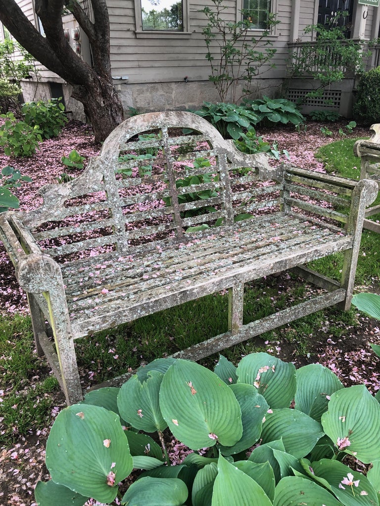 Pair of English Lichen-Encrusted Lutyens-Style Benches in Teak at 1stDibs
