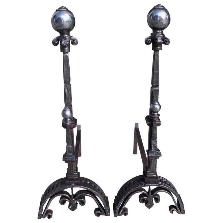 Pair of English Polished Steel and Wrought Iron Hand Chased Andirons ...