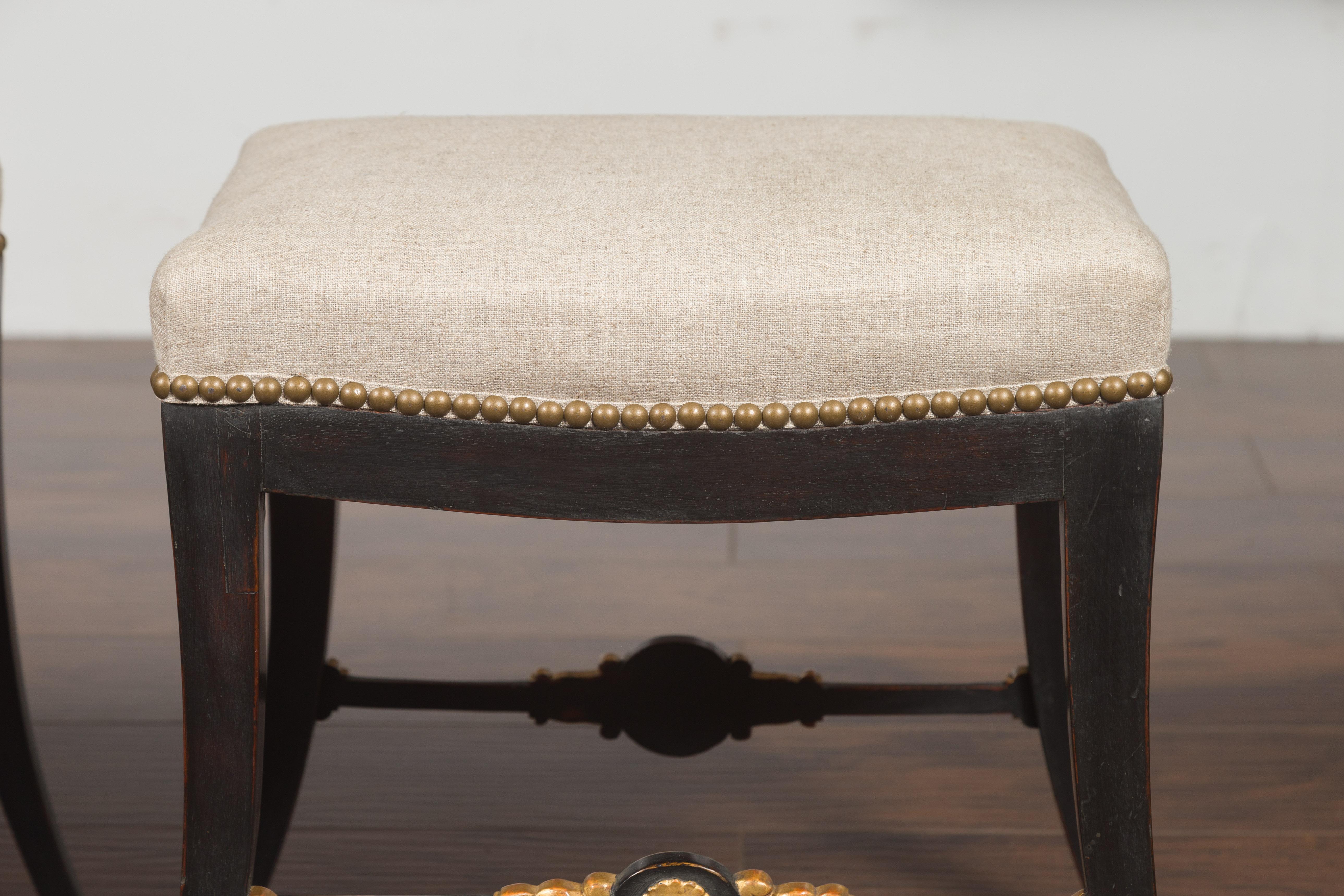 Pair of English Regency 1820s Ebonized and Gilt Stools with New ...