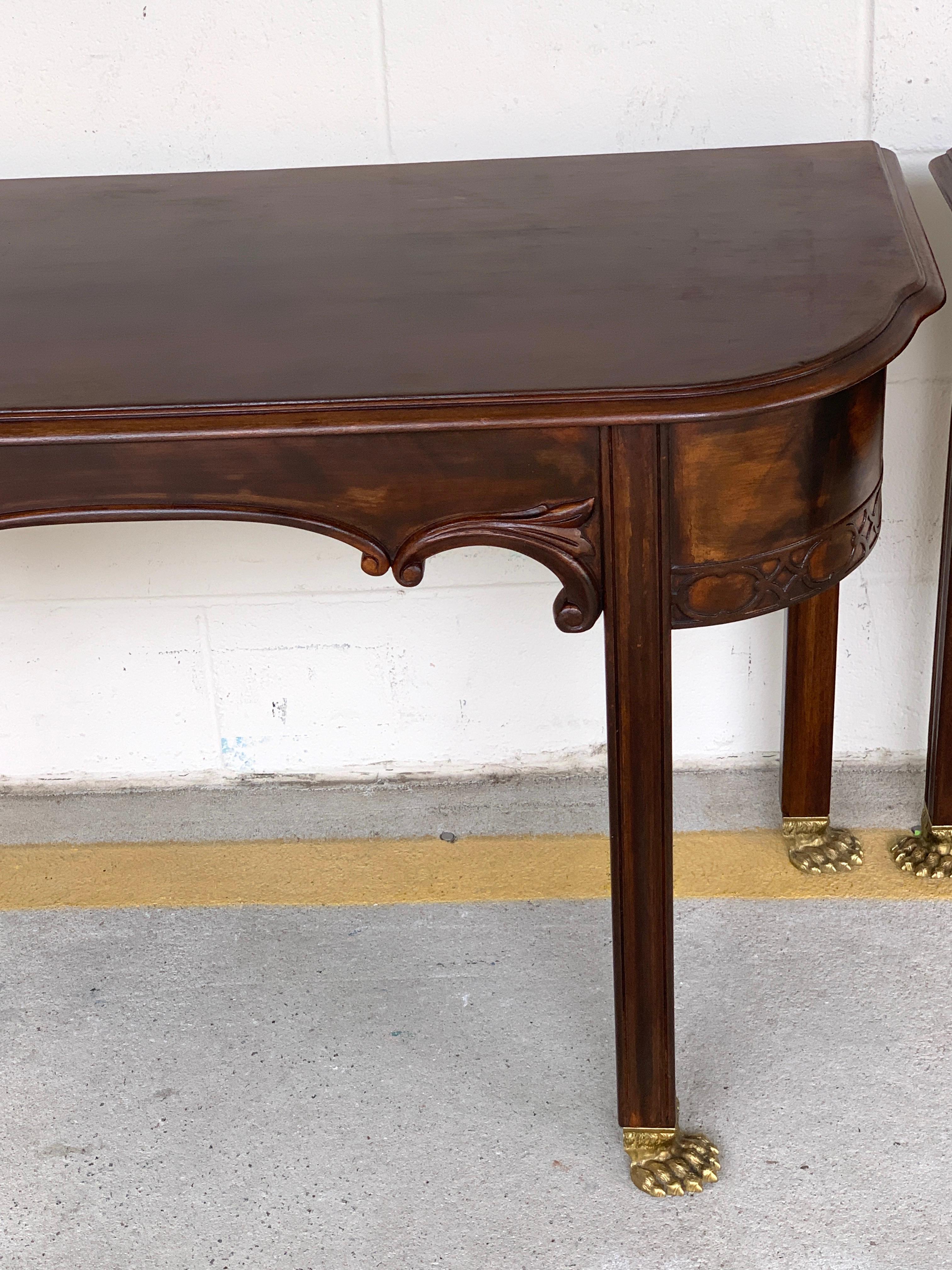 Pair of English Regency Brass Footed Console Tables For Sale at 1stDibs