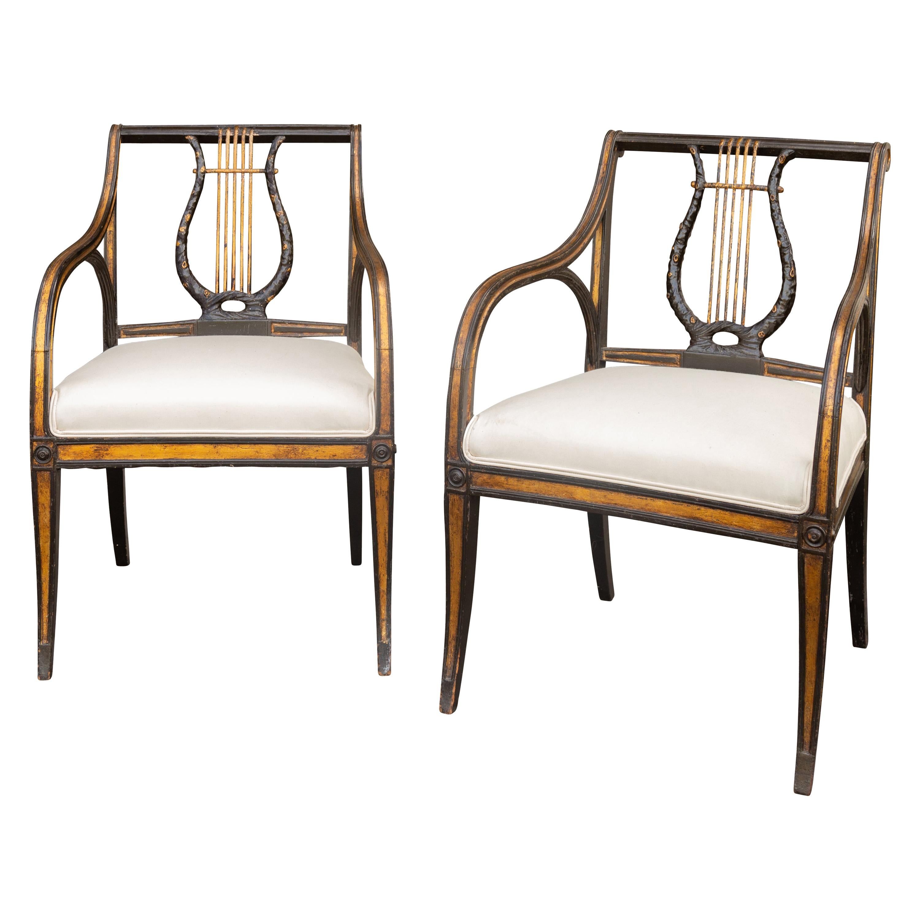 Pair of English Regency Period 1820s Ebonized and Gilt Armchairs with ...