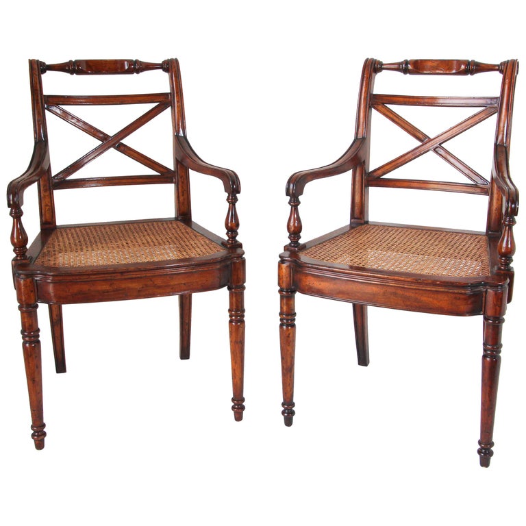 Pair of English Regency Style Library Cane Armchairs at 1stDibs