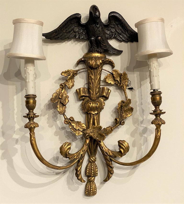 Pair of English Rococo Style Giltwood Two Light Sconces with Ebonized ...