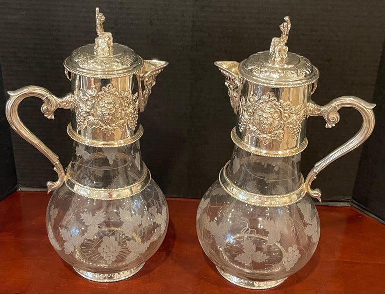 Pair of English Sliver Plated and Engraved Glass Claret Jugs For Sale ...