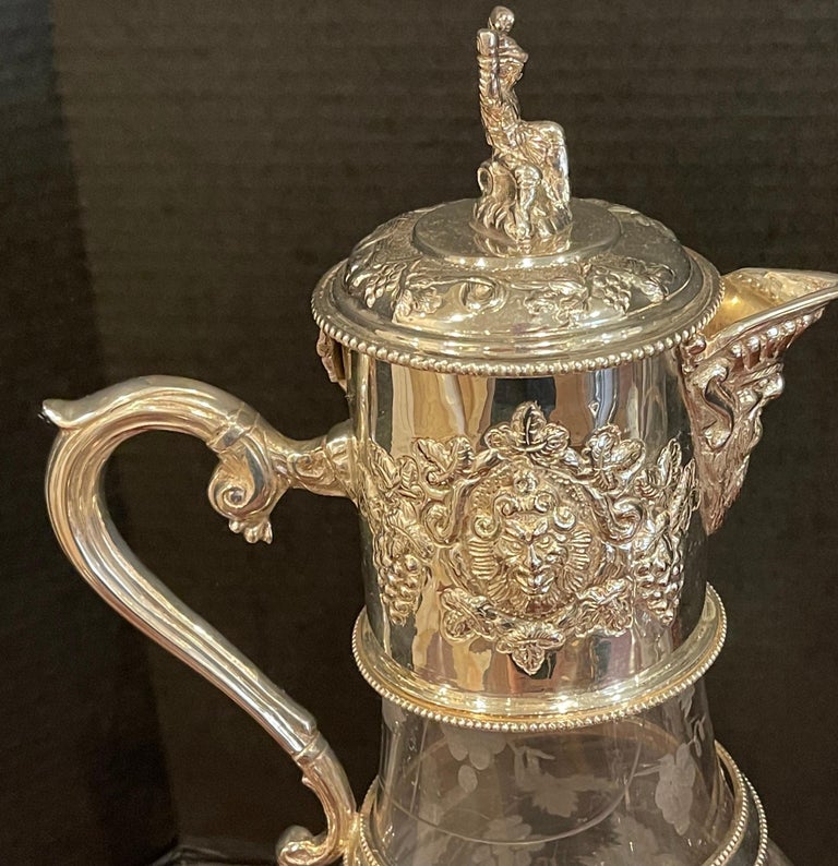 Pair of English Sliver Plated and Engraved Glass Claret Jugs For Sale ...