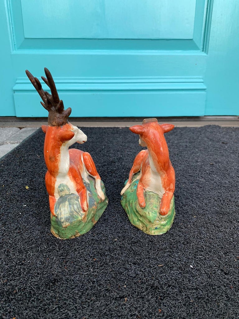 Pair of English Staffordshire Deer, Stag and Doe, circa 1820s at 1stDibs