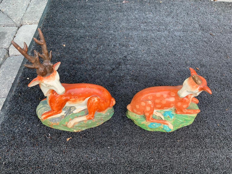 Pair of English Staffordshire Deer, Stag and Doe, circa 1820s at 1stDibs