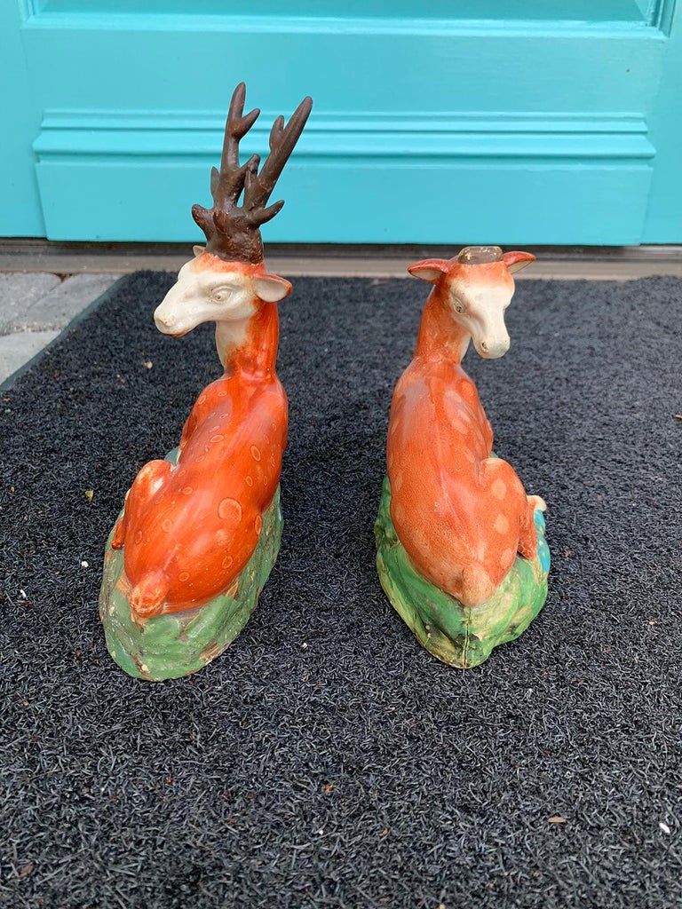 Pair of English Staffordshire Deer, Stag and Doe, circa 1820s at 1stDibs