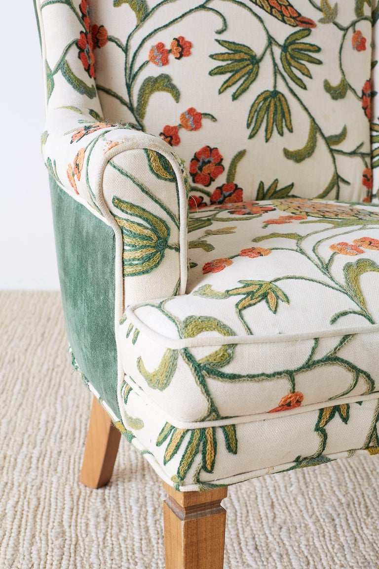 Pair of English Style Crewel Work Wing Chairs at 1stDibs