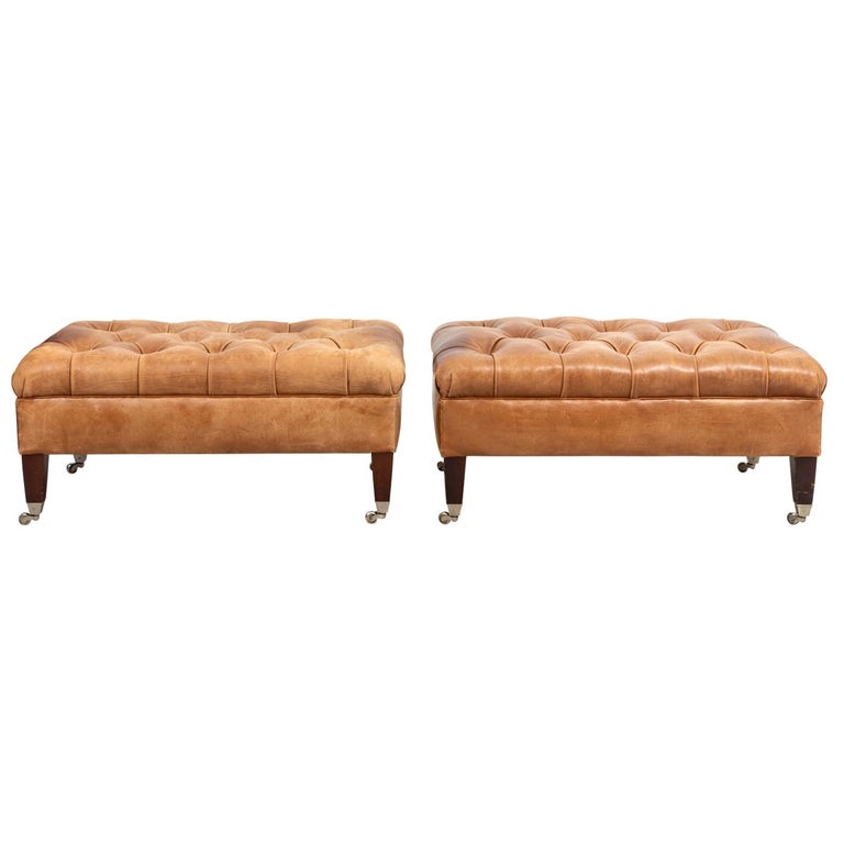 Pair of English Style Leather Tufted Benches at 1stDibs