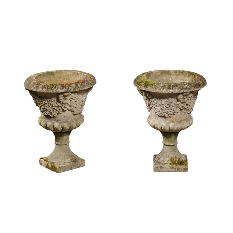 Pair of English Turn of the Century Stone Garden Urns with Carved ...