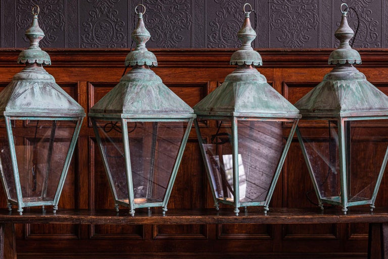 Pair of English Verdigris Copper Lanterns at 1stDibs