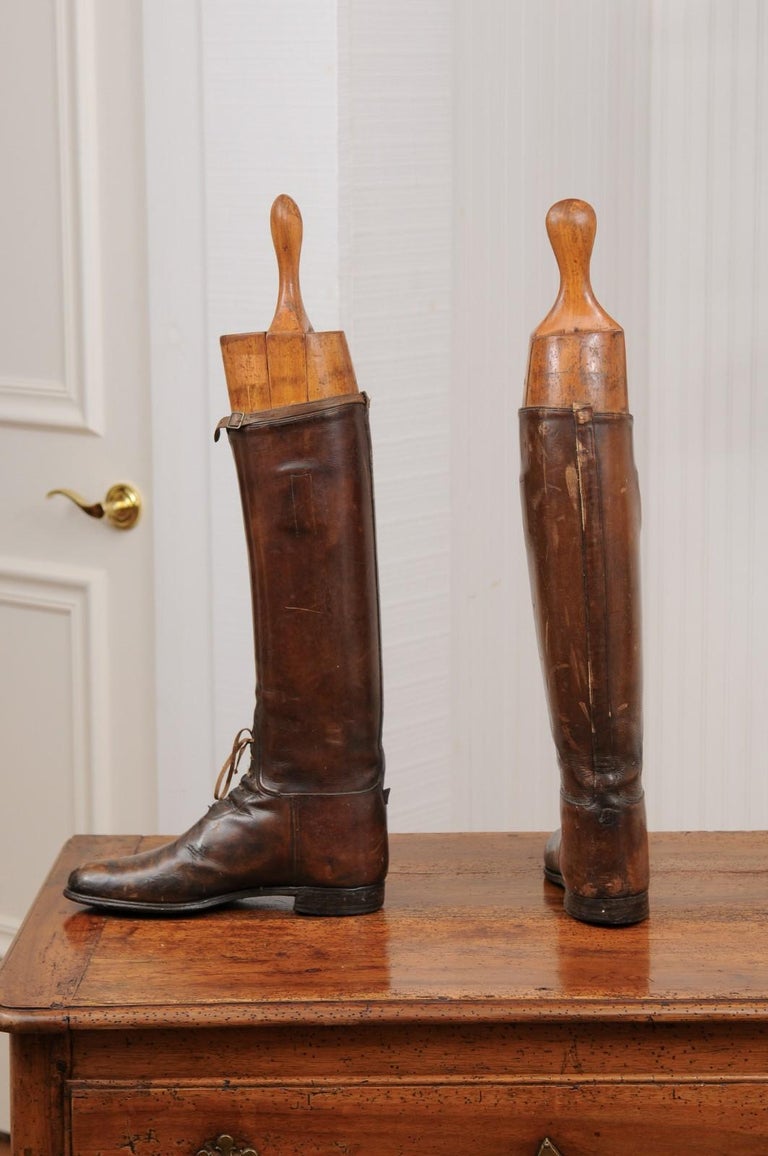 Pair of English Victorian 1890s Leather Laced Riding Boots with Boot ...