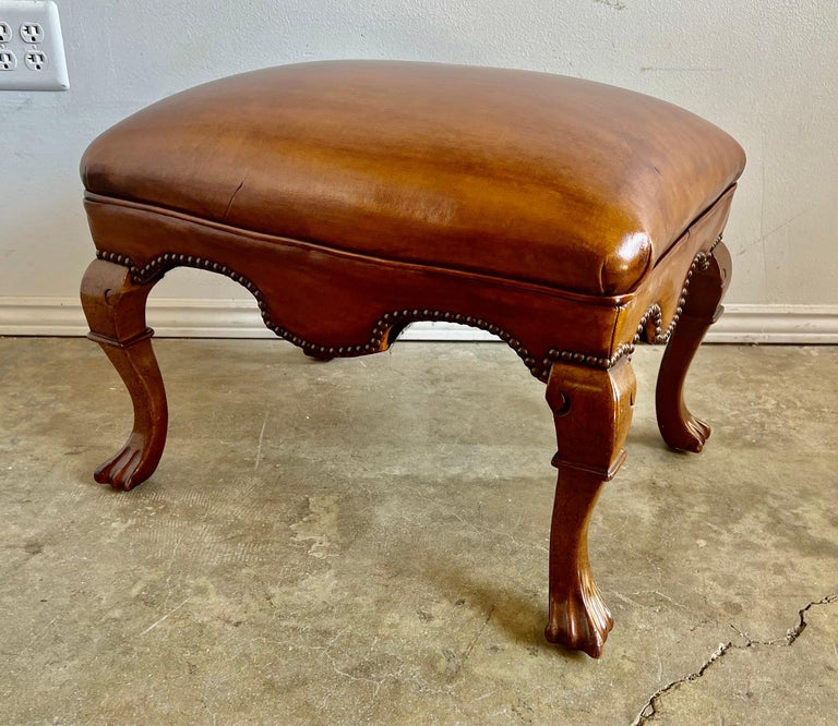 Pair of English Walnut Leather Benches W/ Nailhead Trim Detail at 1stDibs
