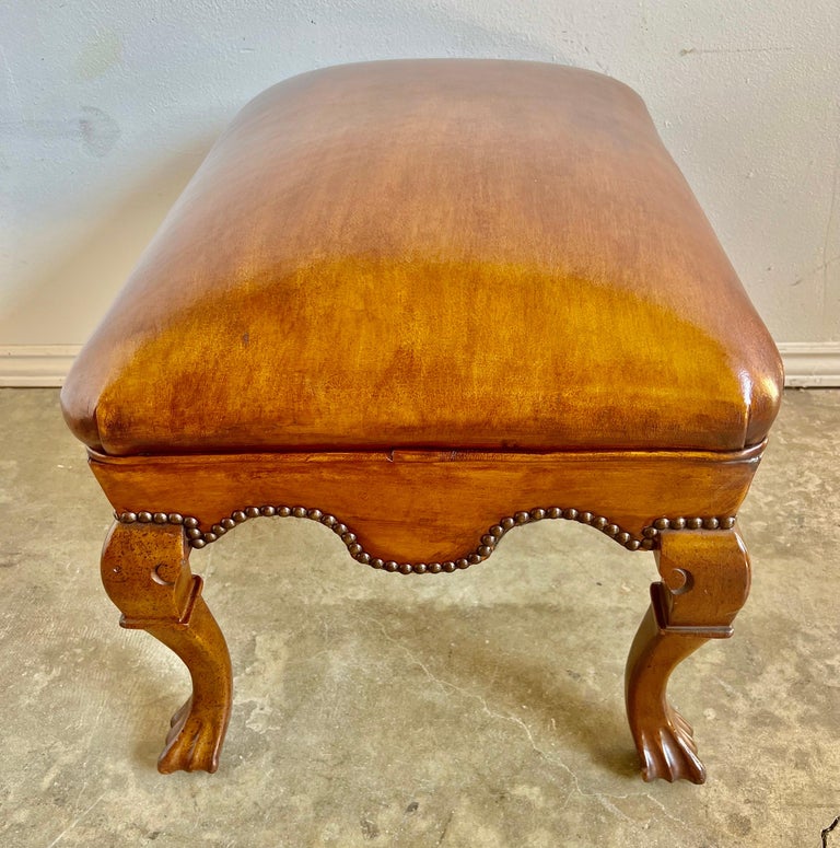 Pair of English Walnut Leather Benches W/ Nailhead Trim Detail at 1stDibs