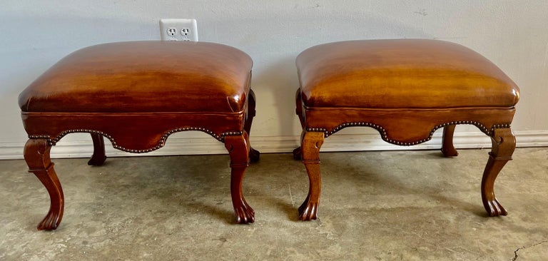 Pair of English Walnut Leather Benches W/ Nailhead Trim Detail at 1stDibs