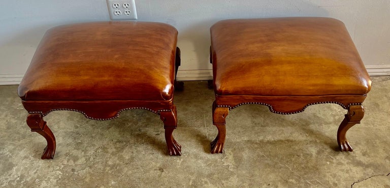 Pair of English Walnut Leather Benches W/ Nailhead Trim Detail at 1stDibs