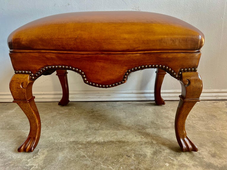 Pair of English Walnut Leather Benches W/ Nailhead Trim Detail at 1stDibs