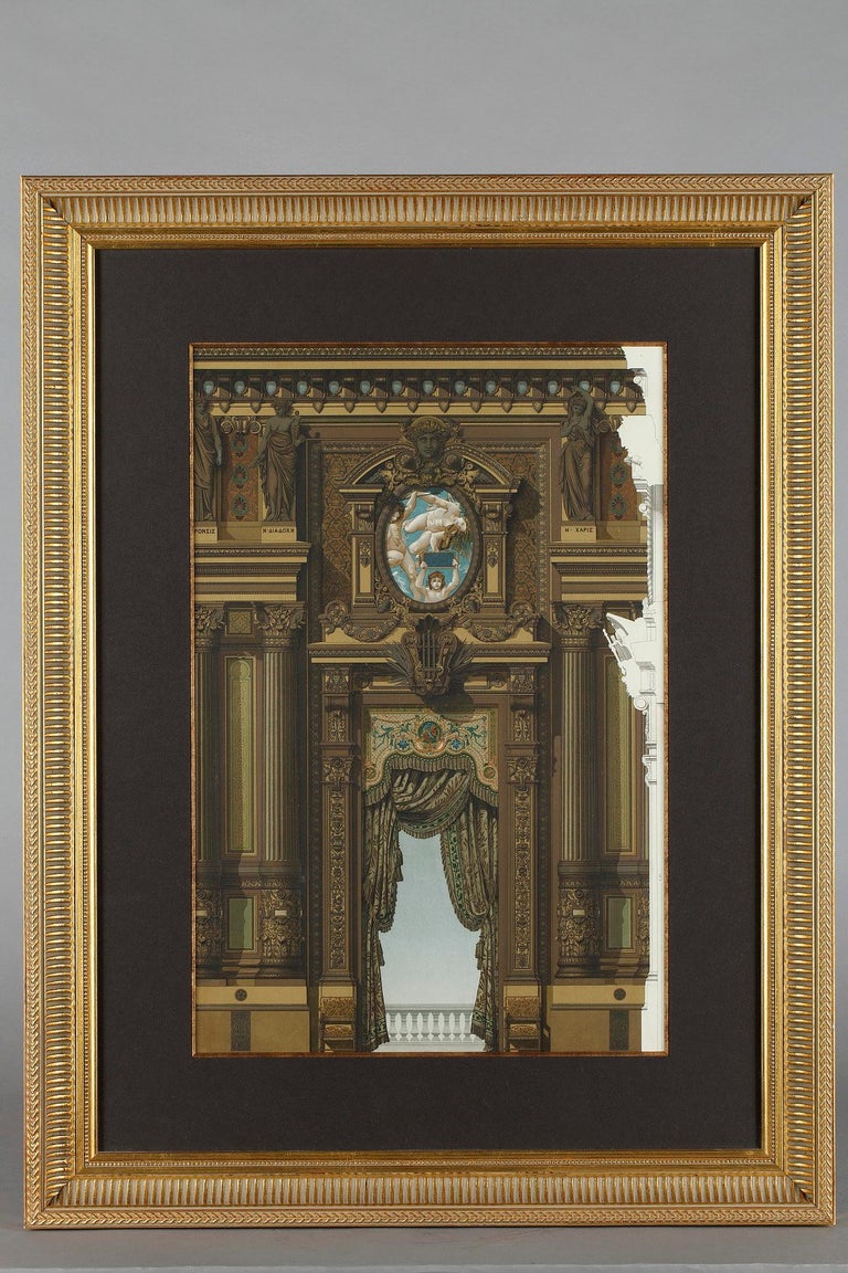 Pair of Engravings with Polychrome Decoration of a Palace Interior For ...