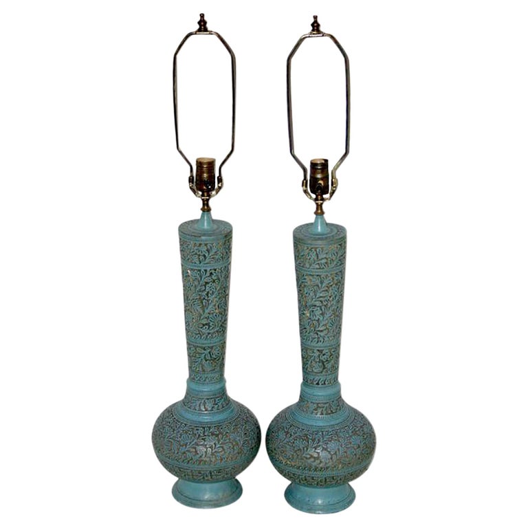 Pair of Etched Brass Turquoise Lamps For Sale at 1stDibs