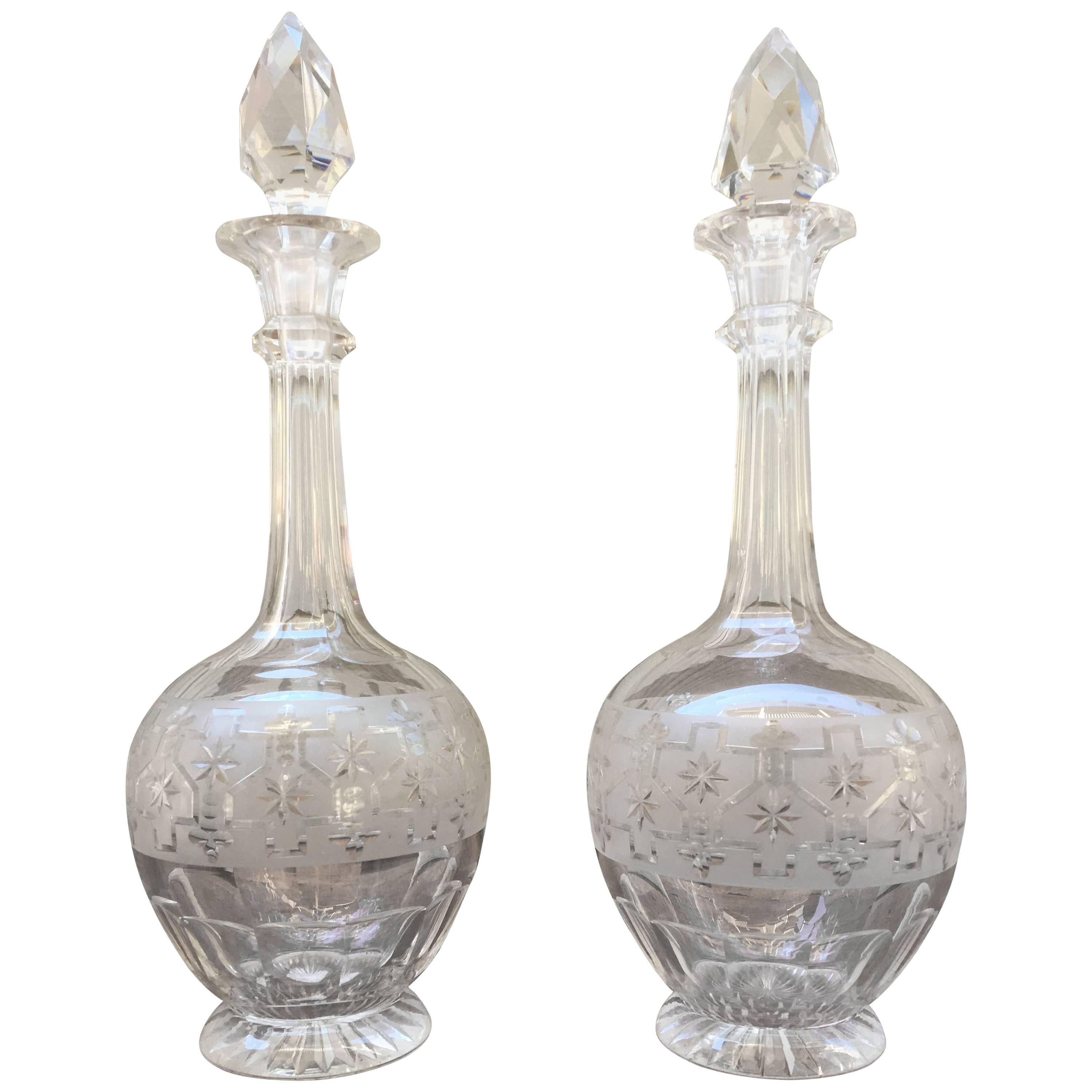 Pair of Etched Glass Decanters For Sale at 1stDibs