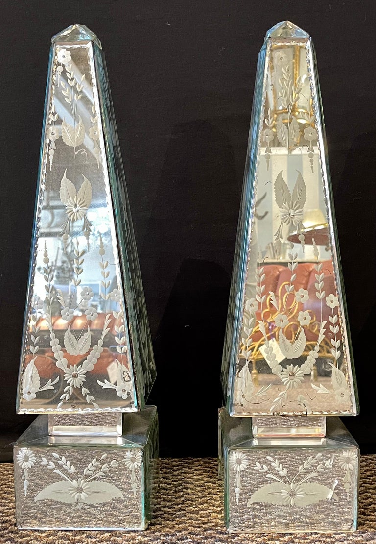 Pair of Etched Mirrored Obelisks at 1stDibs