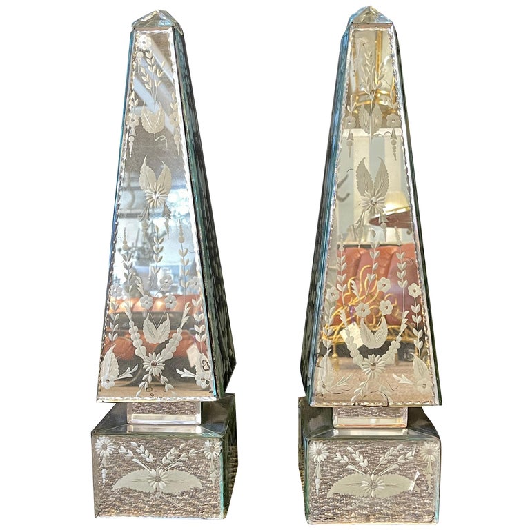 Pair of Etched Mirrored Obelisks at 1stDibs
