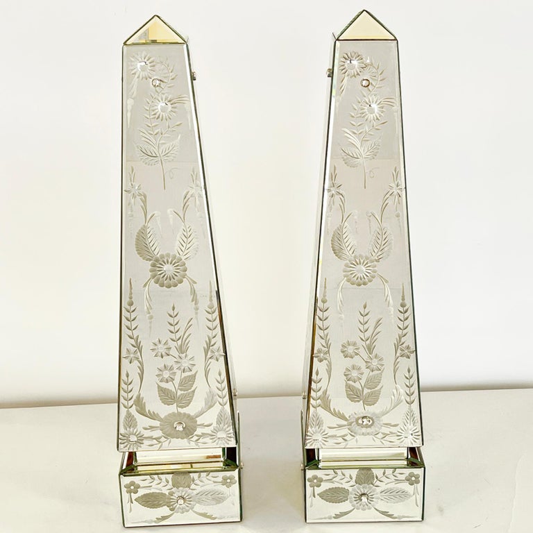 Pair of Etched Venetian Glass Style Obelisks For Sale at 1stDibs
