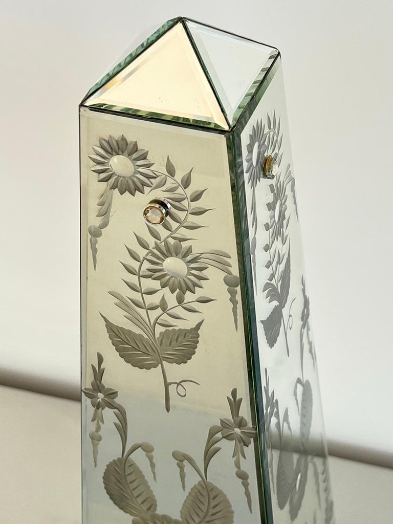 Pair of Etched Venetian Glass Style Obelisks For Sale at 1stDibs
