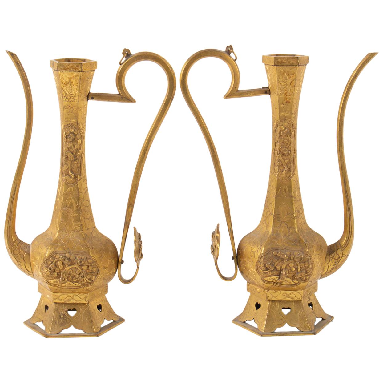 Pair of Ewers, China, Golden Copper Decor Flower Rinceau, Asian Art at ...