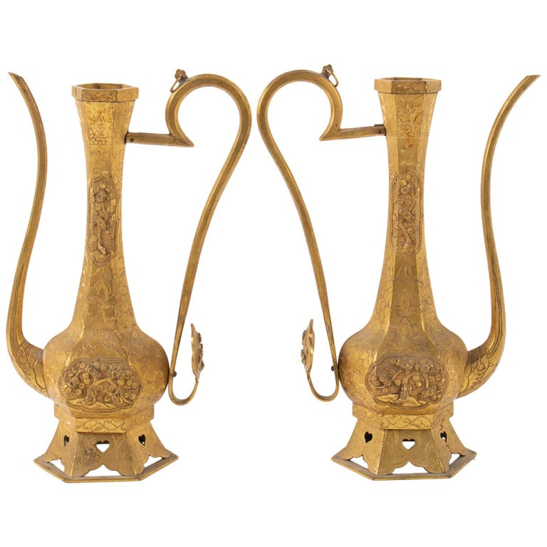 Pair of Ewers, China, Golden Copper Decor Flower Rinceau, Asian Art at ...