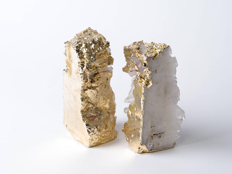 Pair of Exquisite Rock Crystal Quartz Bookends Wrapped in 24-Karat Gold ...