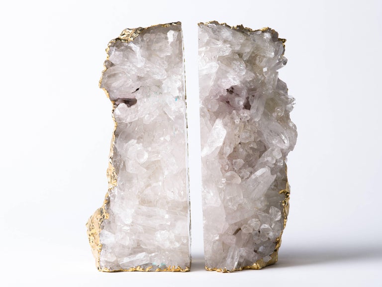 Pair of Exquisite Rock Crystal Quartz Bookends Wrapped in 24-Karat Gold ...