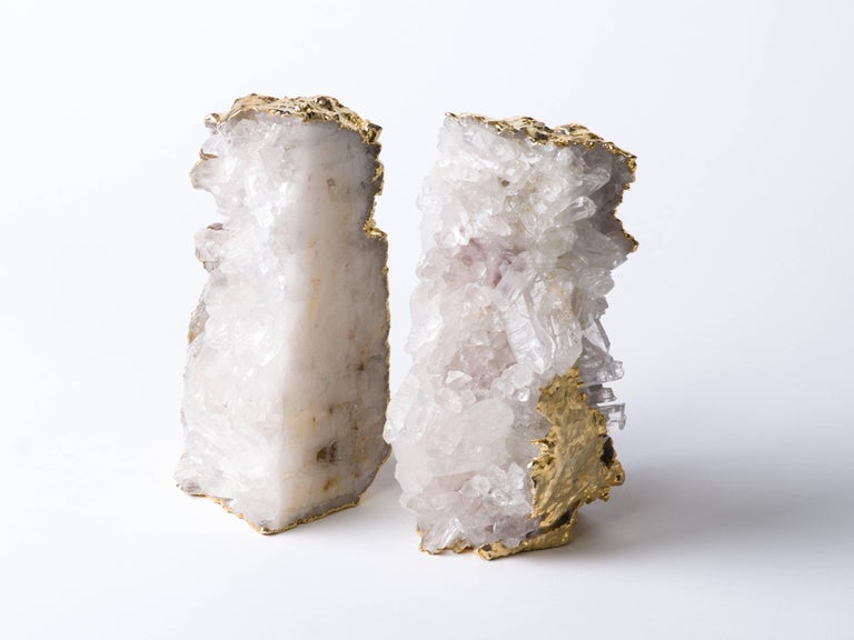 Pair of Exquisite Rock Crystal Quartz Bookends Wrapped in 24-Karat Gold ...