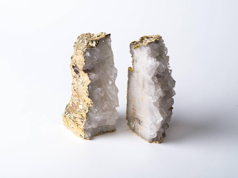 Pair of Exquisite Rock Crystal Quartz Bookends Wrapped in 24-Karat Gold ...