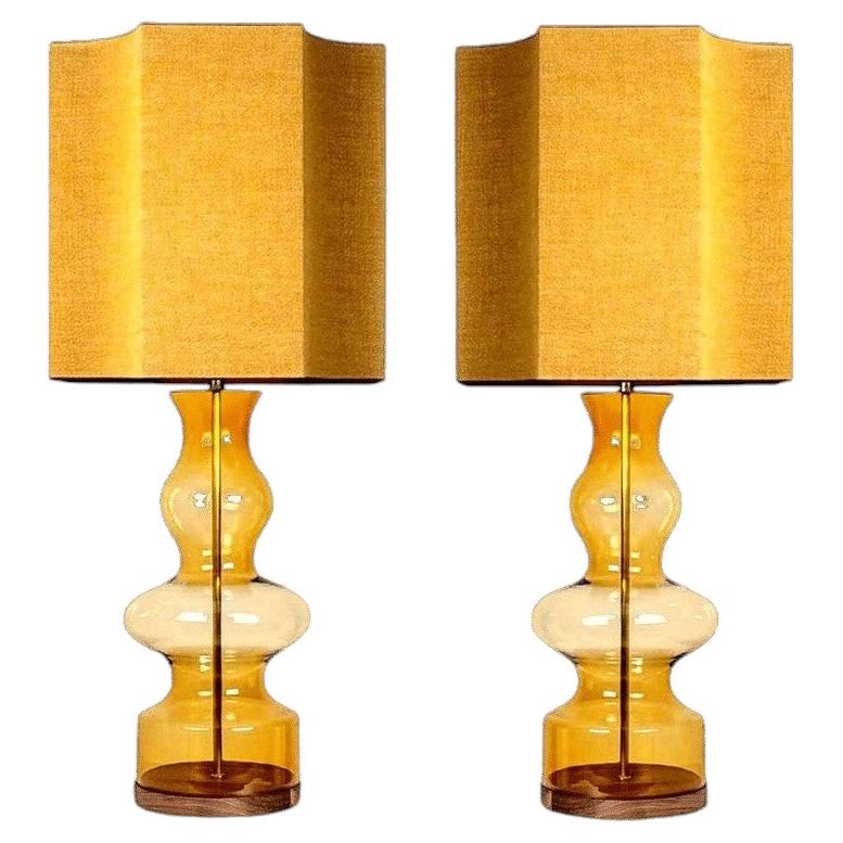 Pair of Highly Detailed Table Lamps with Brass Base and Wavy Ecru ...