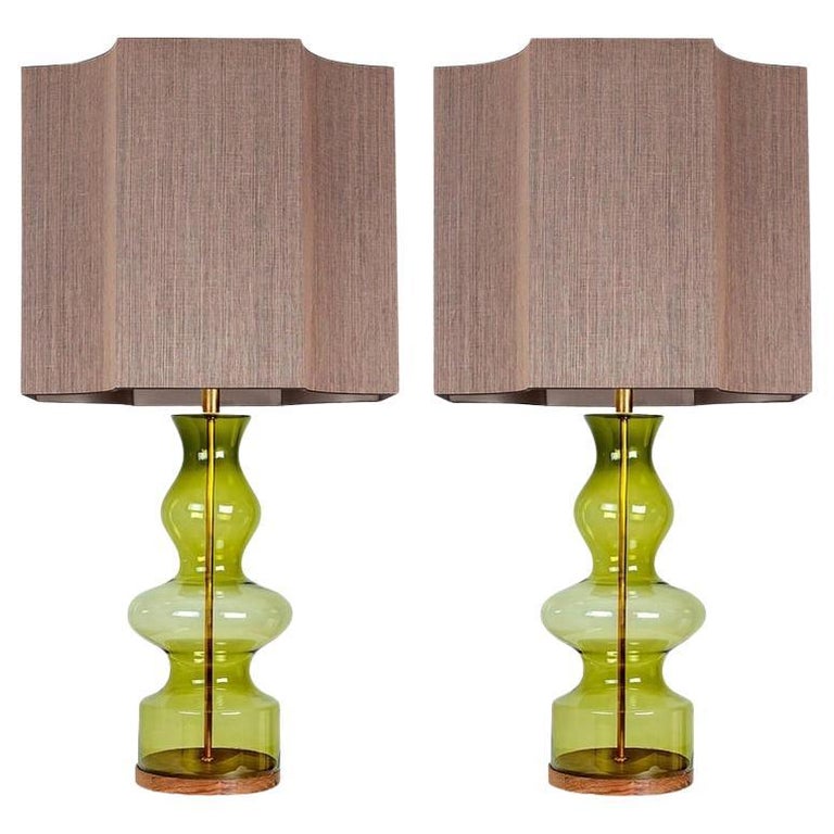 Pair of Extra Large Glass Shaped Table Lamps with Silk Lampshades For ...