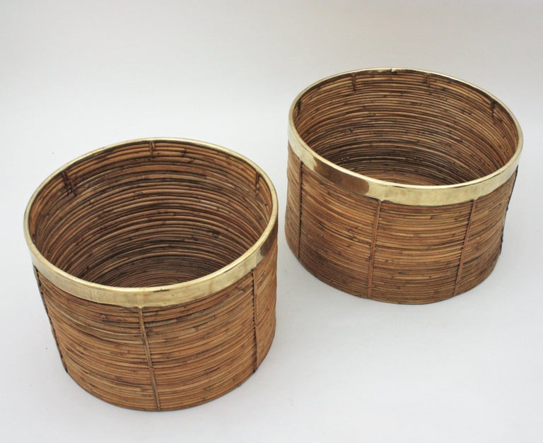 Pair of Extra Large Rattan Round Planters / Baskets with Brass Rim ...