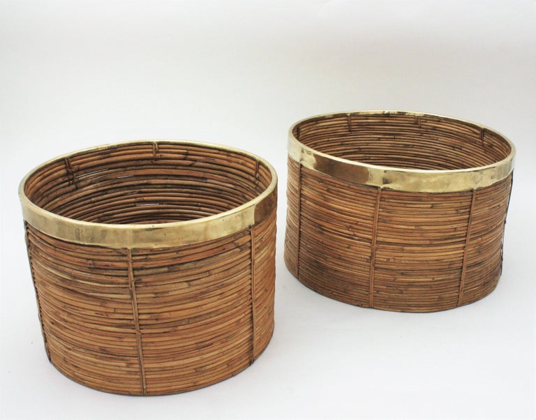 Pair of Extra Large Rattan Round Planters / Baskets with Brass Rim ...