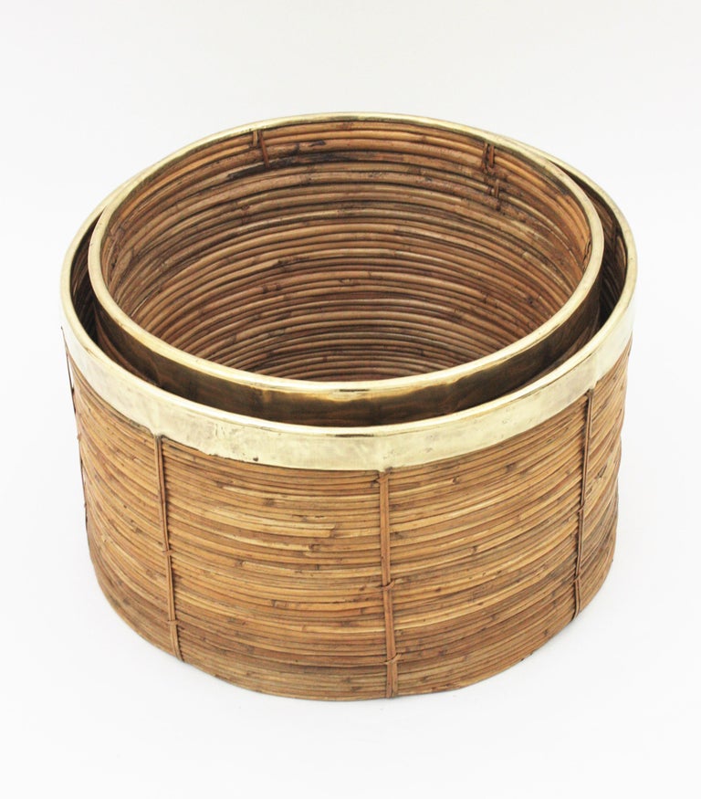 Pair of Extra Large Rattan Round Planters / Baskets with Brass Rim ...