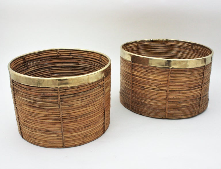 Pair of Extra Large Rattan Round Planters / Baskets with Brass Rim ...