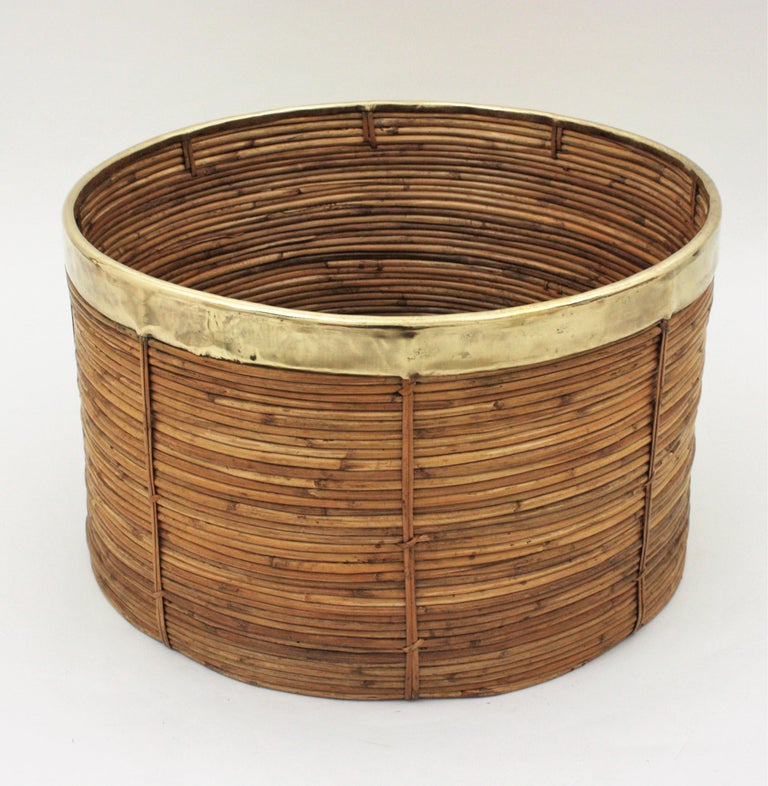 Pair of Extra Large Rattan Round Planters / Baskets with Brass Rim ...