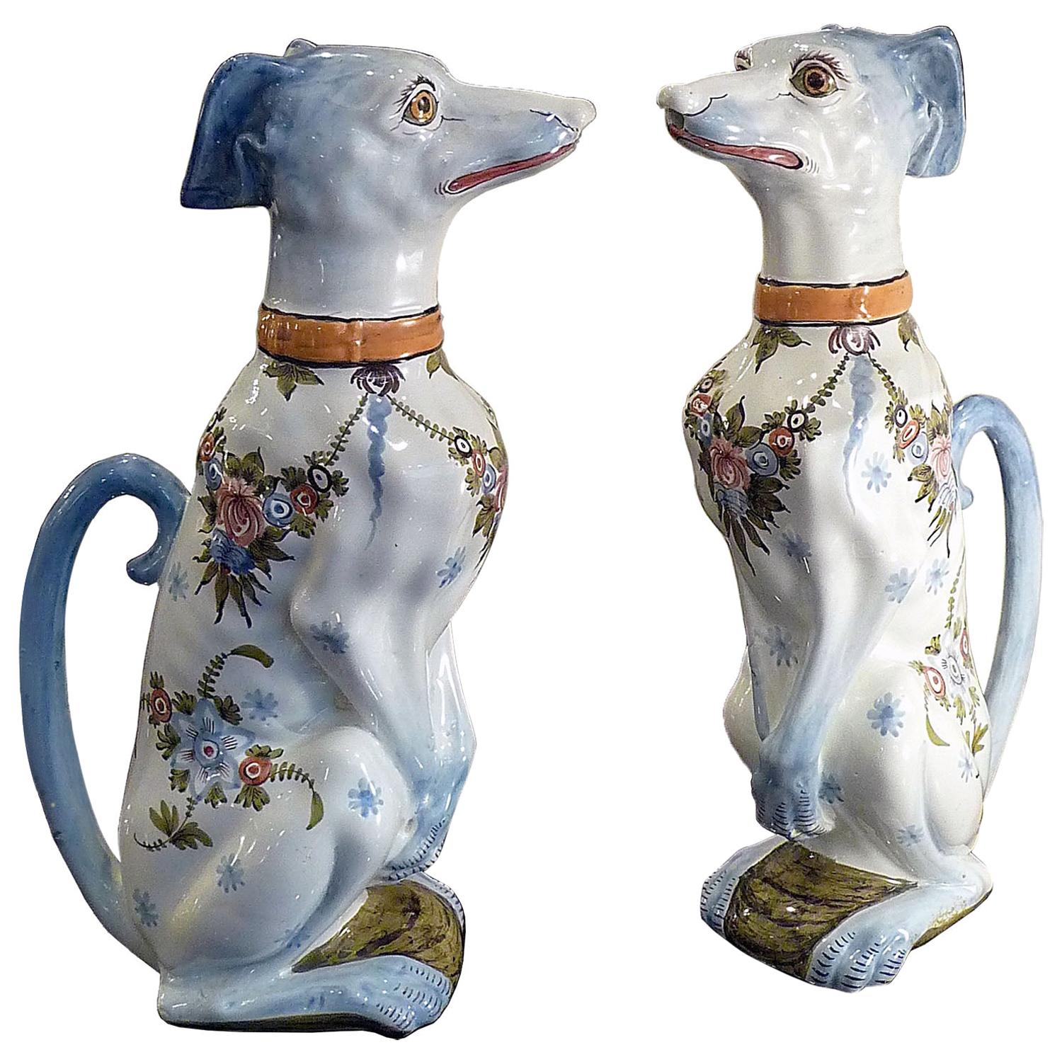 Pair of Faience Pitchers, Sitting Greyhound, Saint Clement, France ...