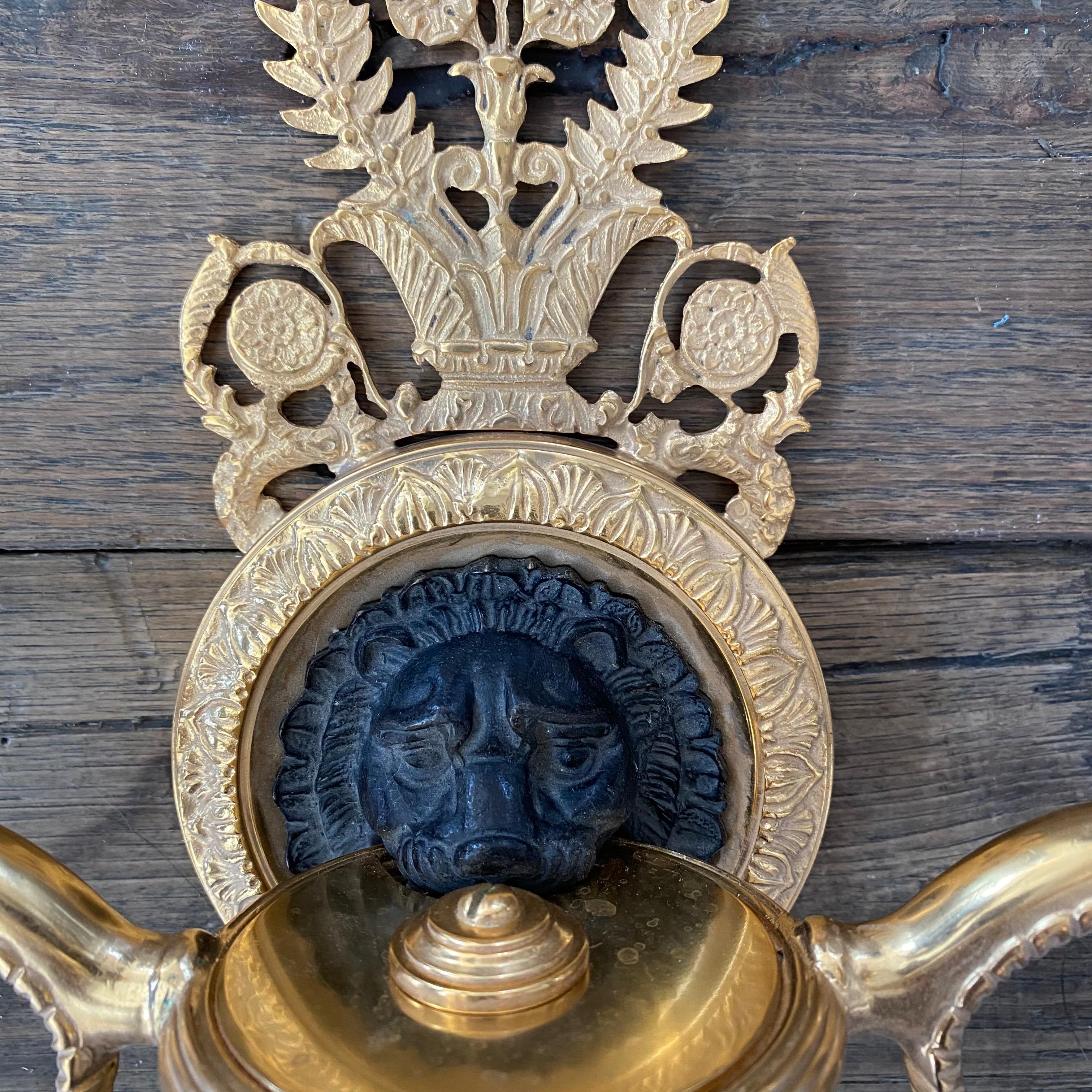 Pair of Fancy 4 Arm French Empire Brass Wall Sconces with Lions Heads ...