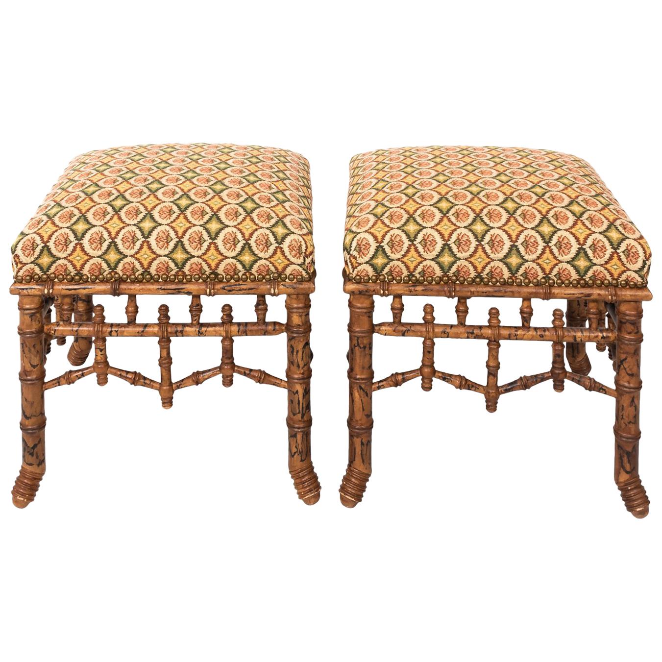Pair of Faux Bamboo Upholstered Stools by Lewis Mittman at 1stDibs