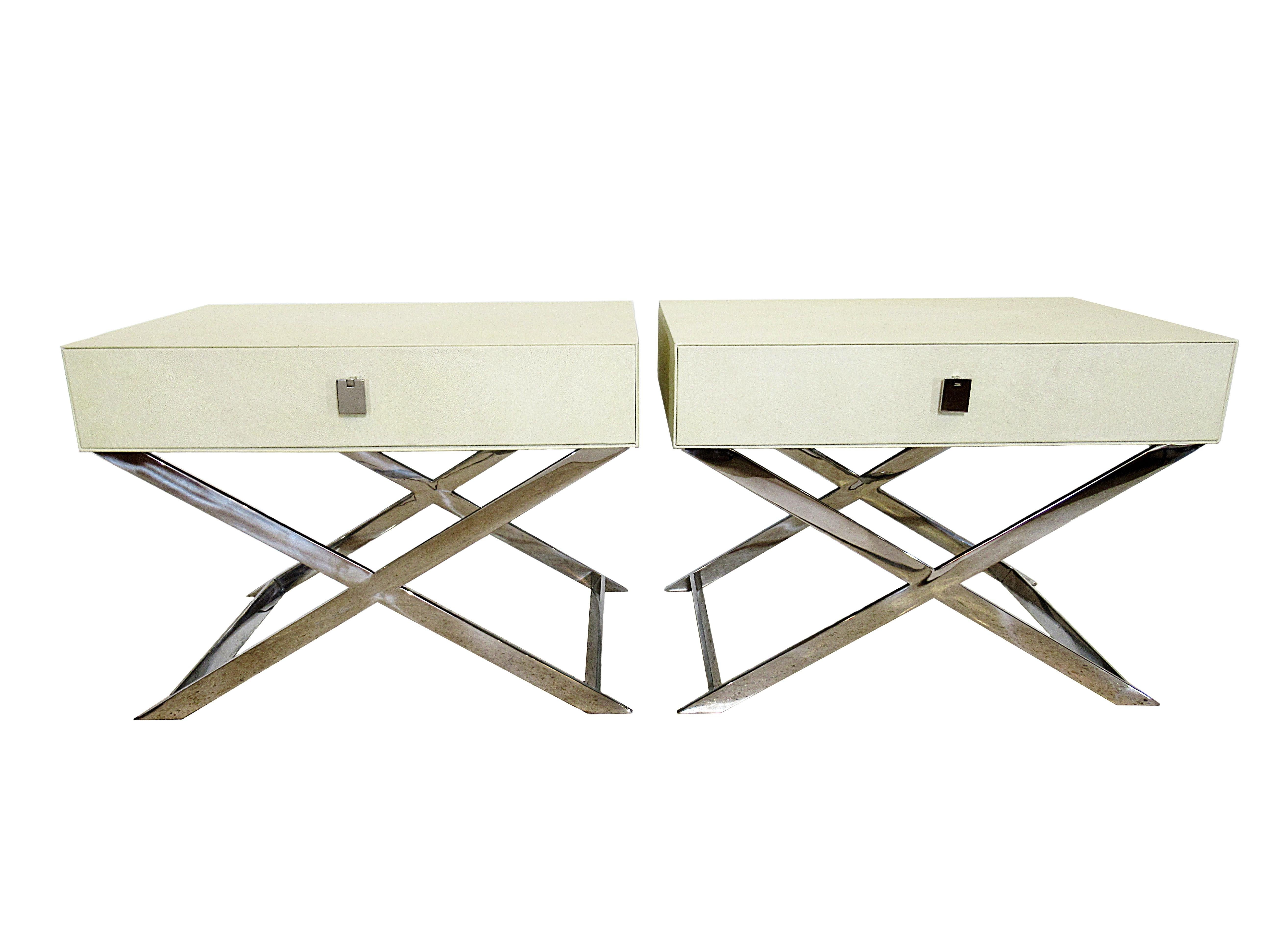Pair of Faux Shagreen and Chrome Bedside or Side Tables in Jean Michel ...