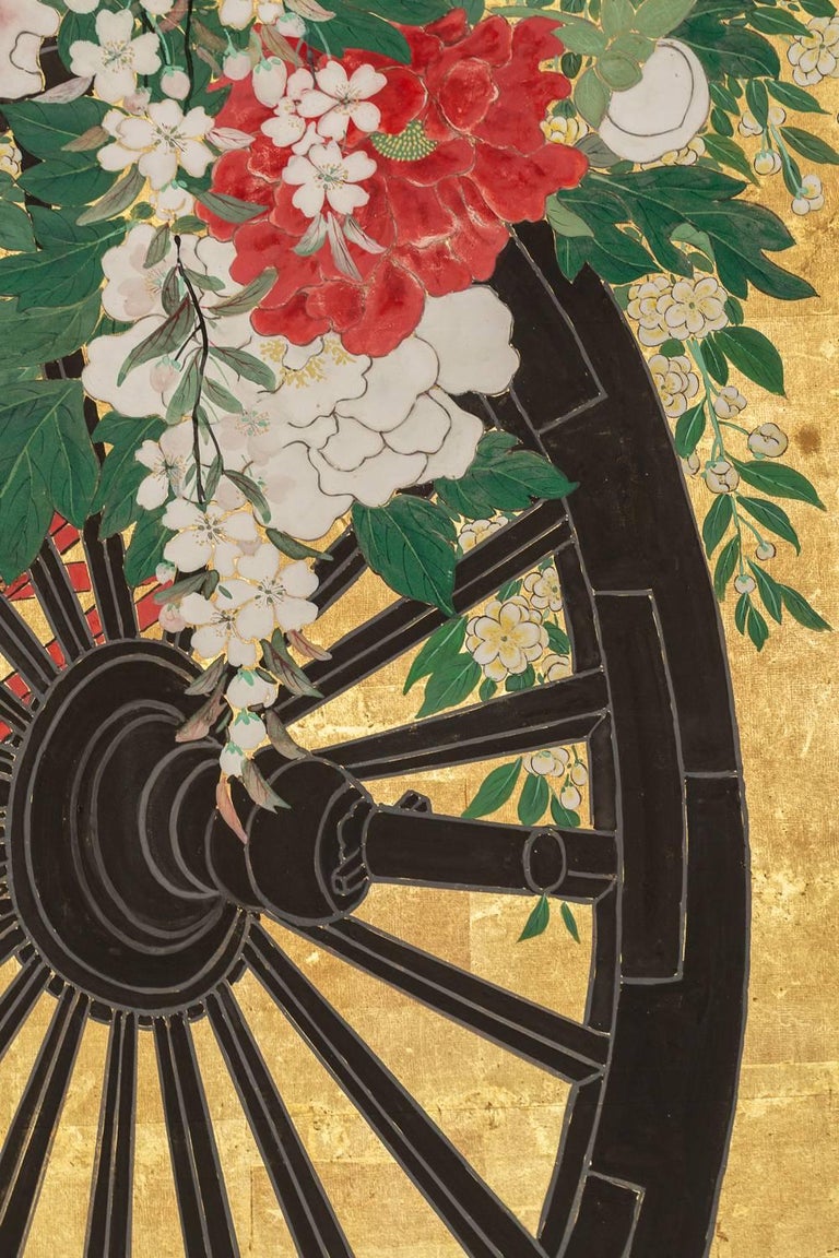 Japanese Six Panel Screens: Pair of Festival Carts For Sale at 1stDibs