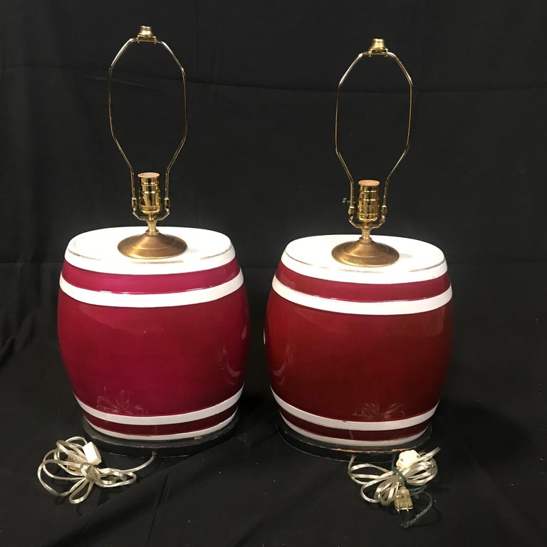 Pair of Festive British Ceramic Spirit Barrel Lamps at 1stDibs