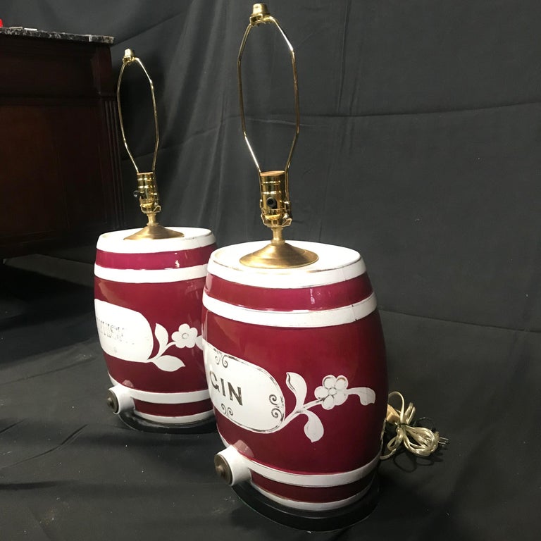 Pair of Festive British Ceramic Spirit Barrel Lamps at 1stDibs